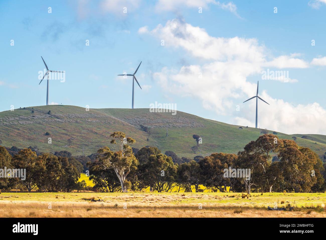 Australian sustainable energy wind turbines in rural Victoria viewed ...