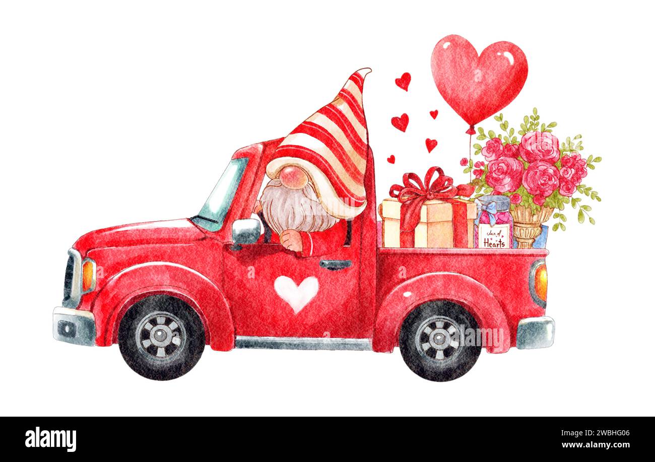 Dwarf drive a pick up car and carry a valentines gift . Watercolor ...
