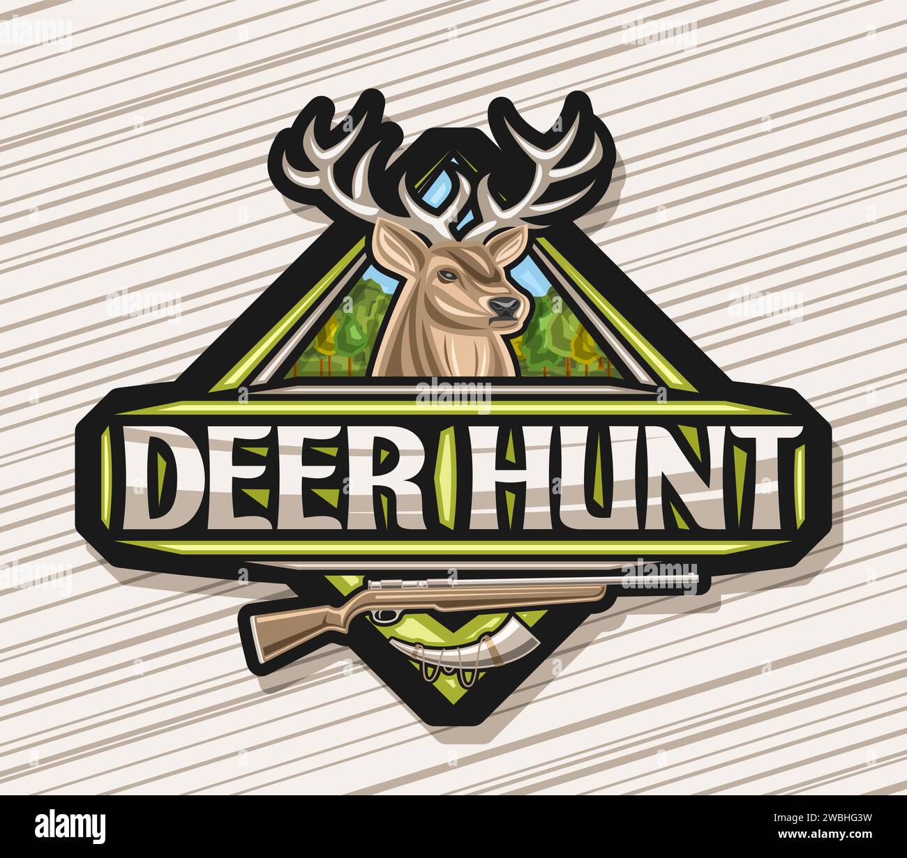 Vector logo for Deer Hunt, black rhomb label with illustration of white ...
