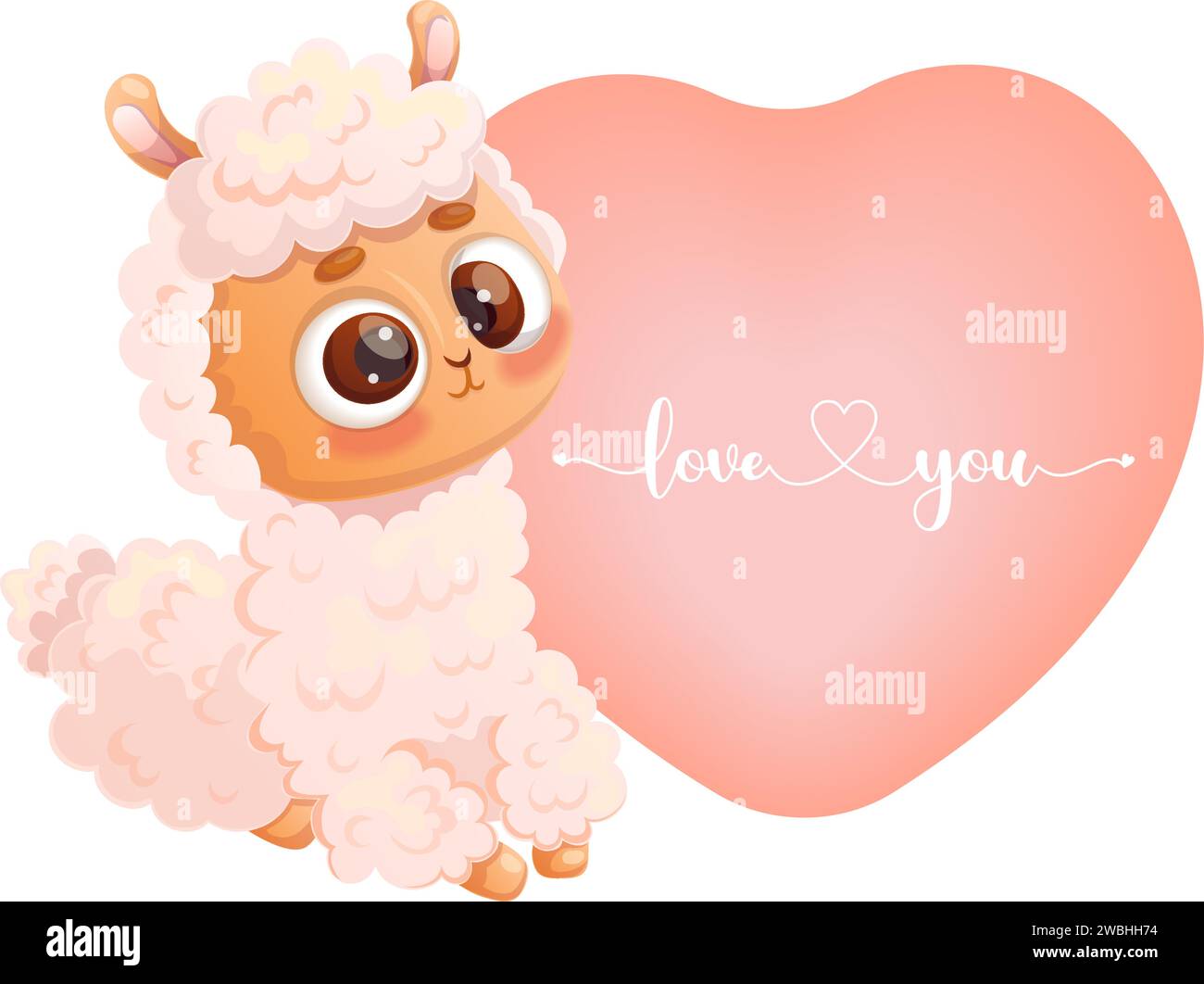 Llama Alpaca. Cute cartoon animal with big pink heart. Romantic ...