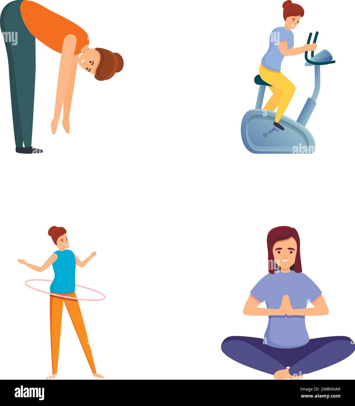 Gym exercise icons set cartoon vector. People doing sport exercise ...