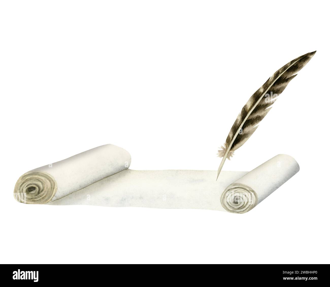 Open paper scroll with feather pen watercolor illustration of history ...