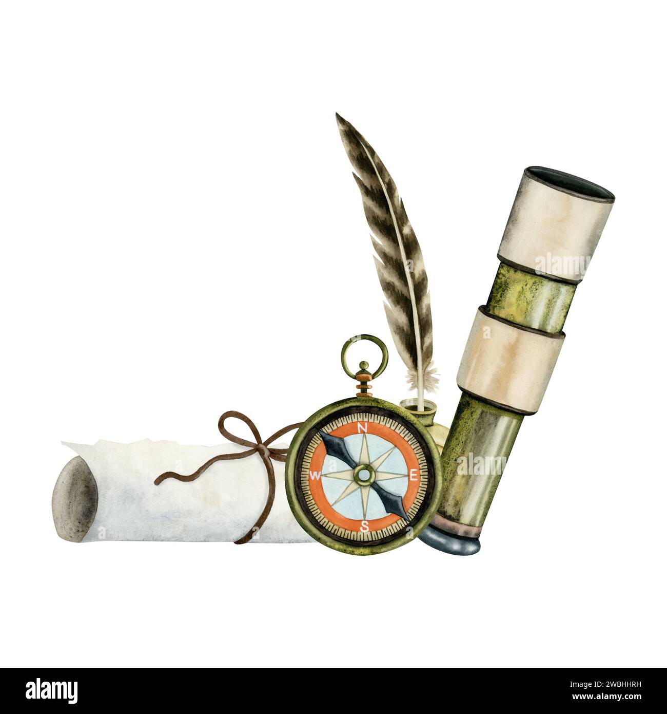 Vintage compass with spyglass, paper scroll and feather watercolor ...