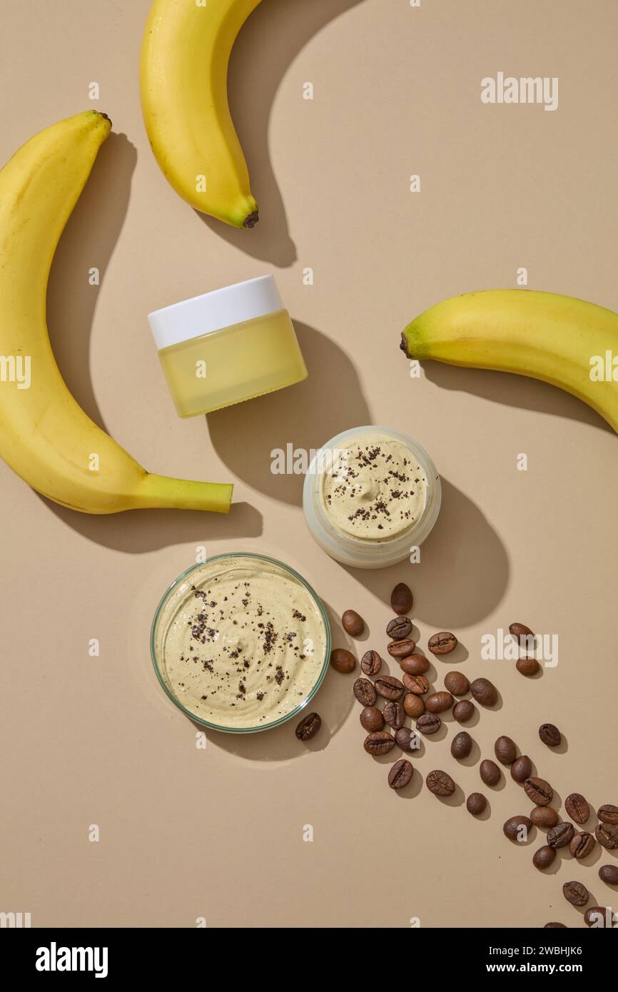 Mixture of banana and coffee substances filled inside jars and a petri ...