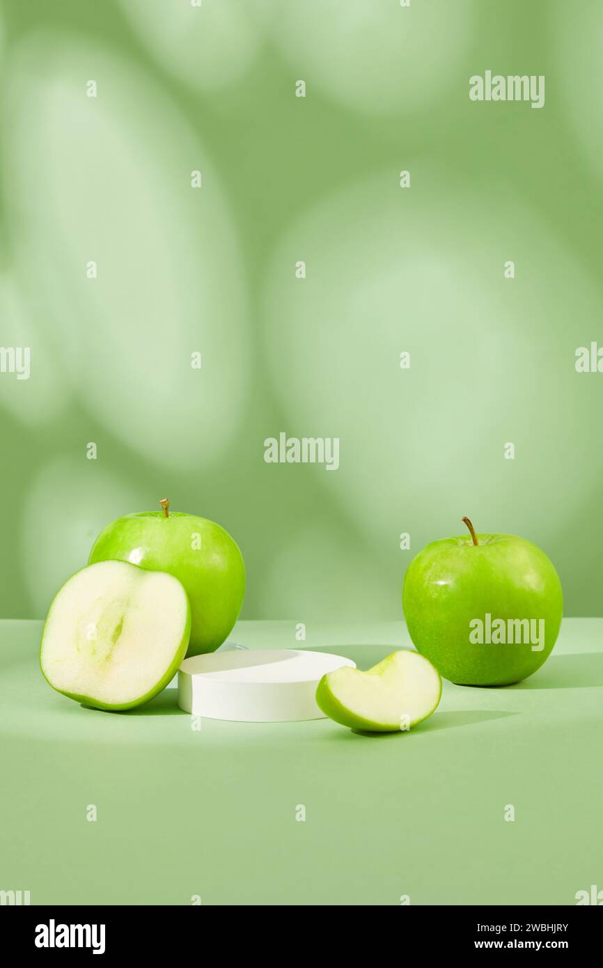 Round-shaped podium in white color is displayed on pastel background ...