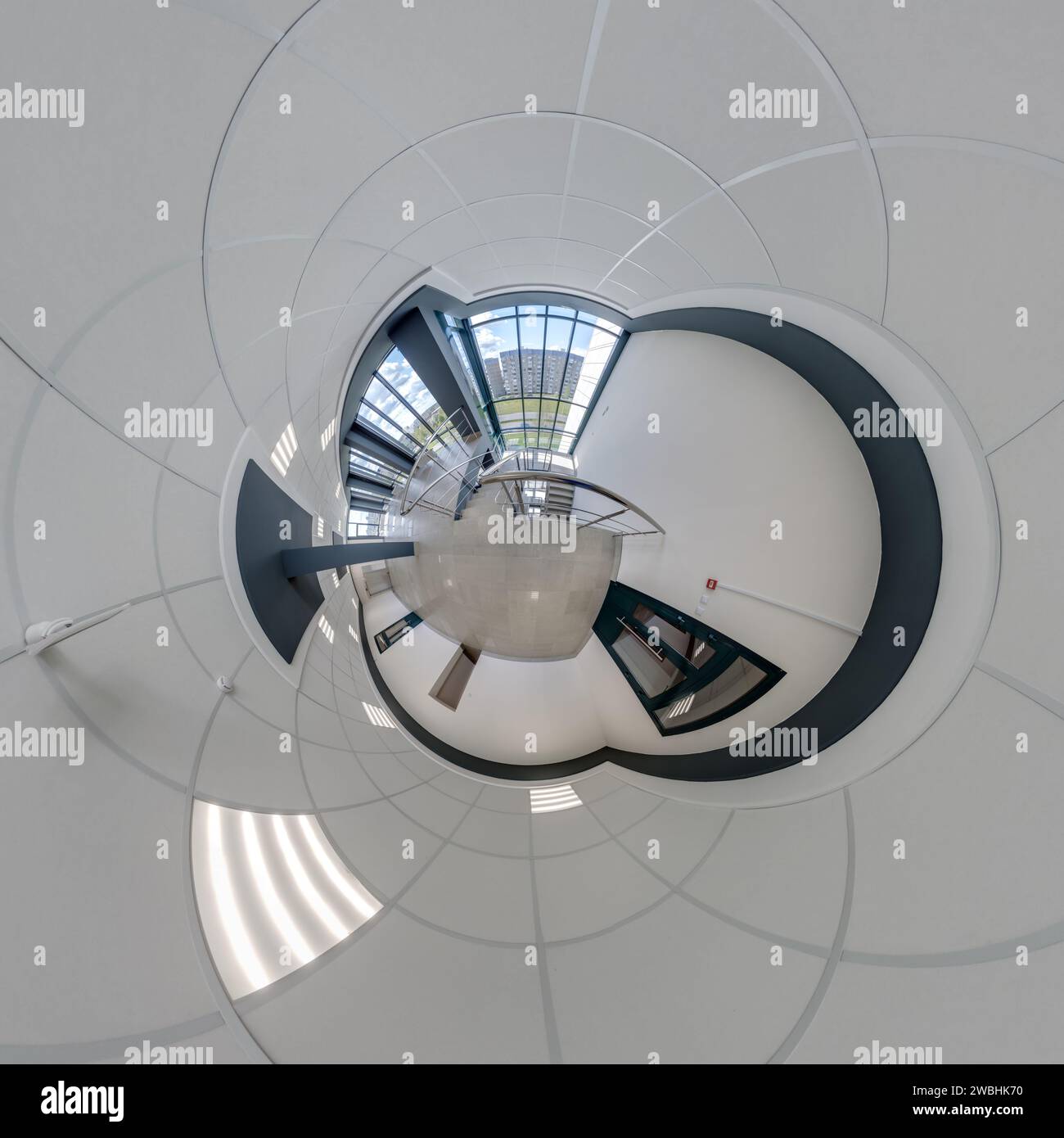 abstractly twisted into a spherical 360 panorama interior of a modern ...