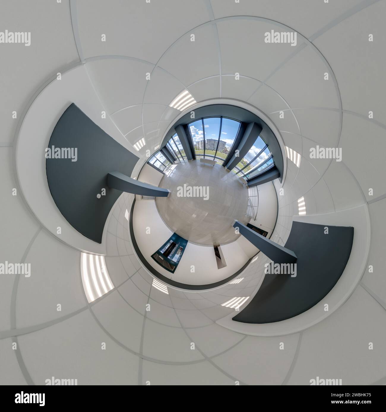 abstractly twisted into a spherical 360 panorama interior of a modern ...
