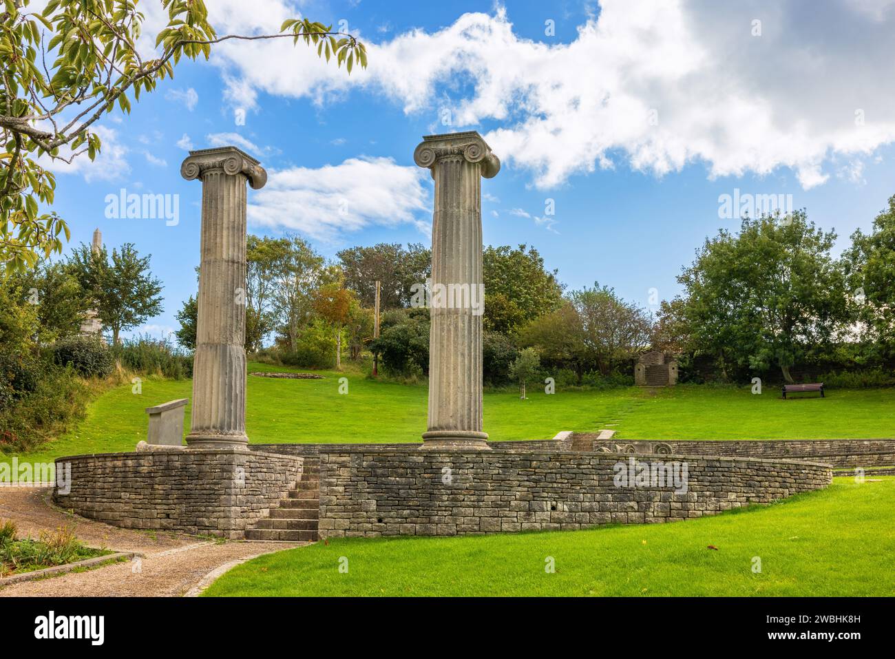 Greek columns across public gardens. Swanage. Dorset, England Stock ...
