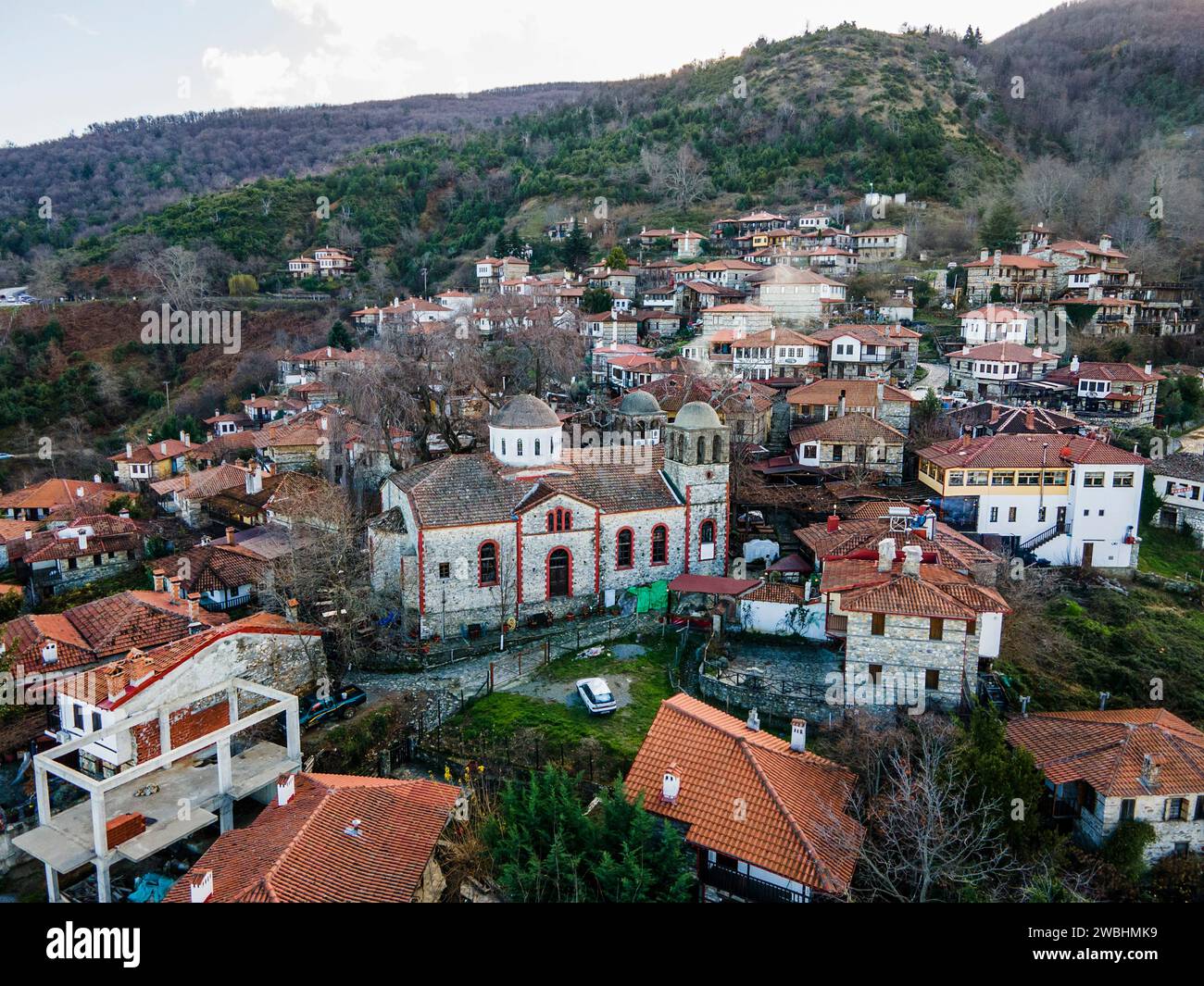 Aerial view of Palaios Panteleimonas traditional village in Mount Olympus, Pieria, Greece Stock ...