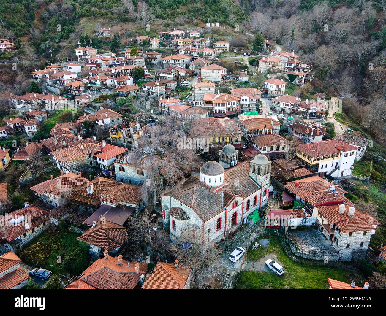 Aerial view of Palaios Panteleimonas traditional village in Mount ...