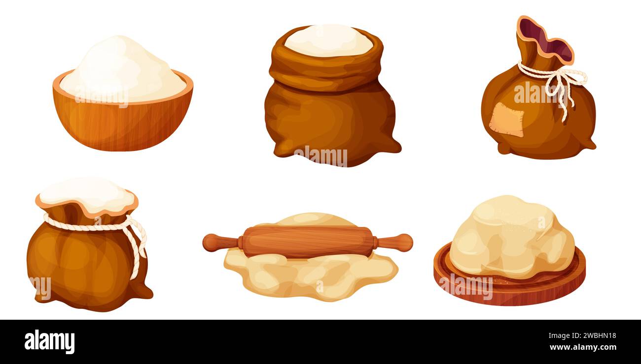 Set sack with flour, wheat powder, open bag with rope, dough with ...