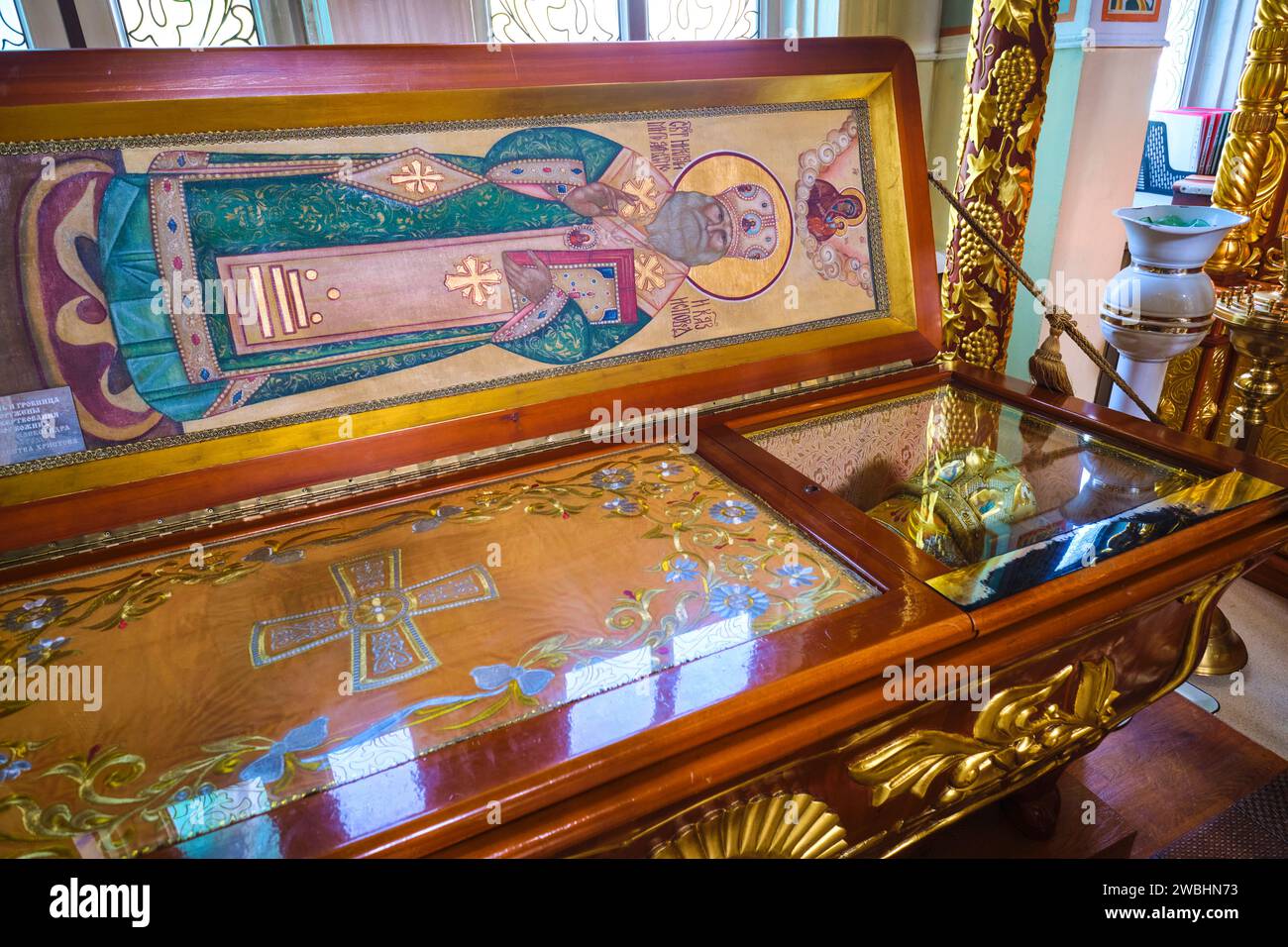 An open coffin for a saint is located inside. At St Nicholas Russian ...