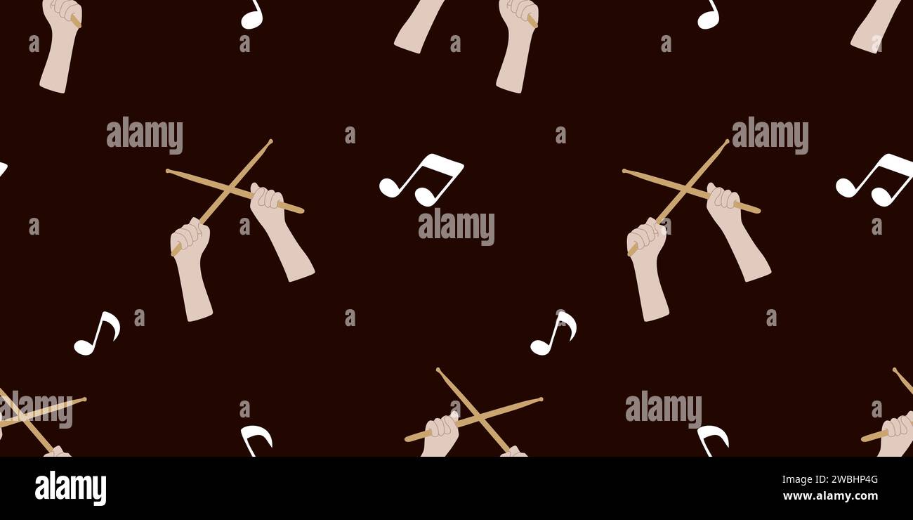 Drumsticks in Hands and Musical Notes seamless pattern. Drum sticks ...