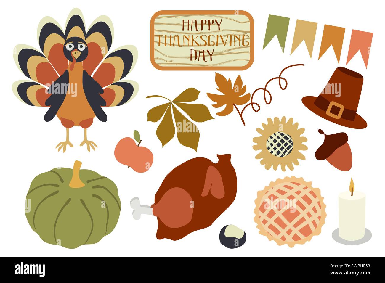 Thanksgiving day Vector set of autumn elements with roast turkey ...