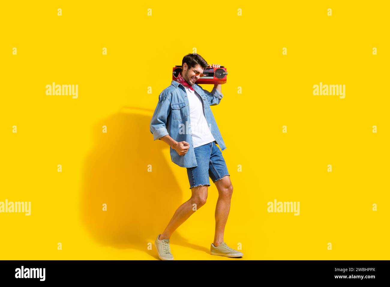 Full body photo of good mood man dressed denim shirt shorts in glasses ...