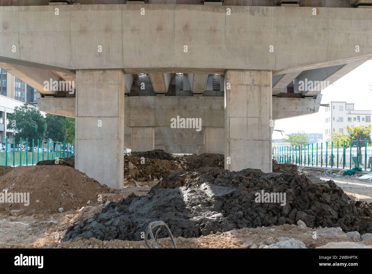 bottom view of a concrete highway under construction at horizontal ...
