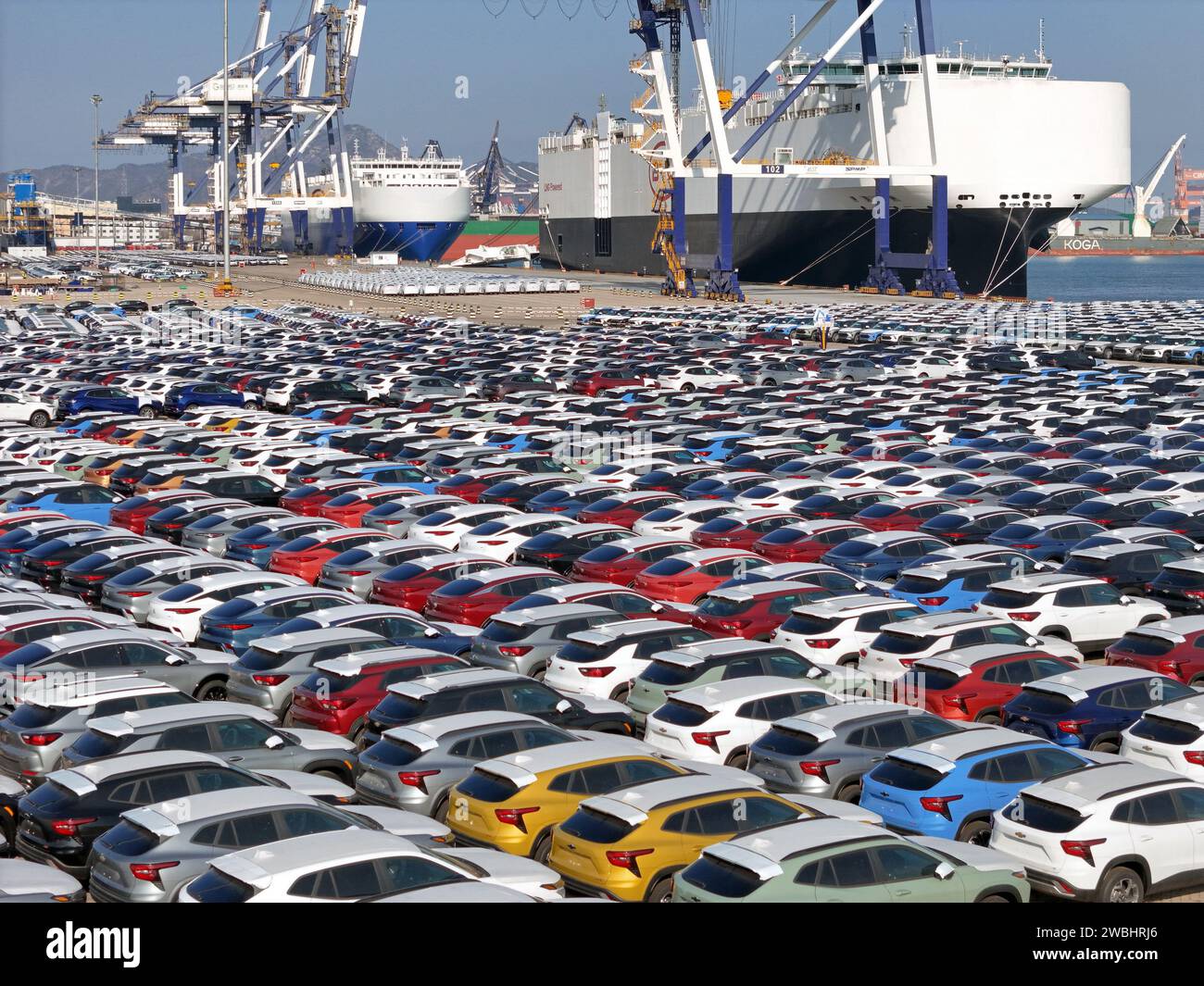 YANTAI, CHINA - JANUARY 10, 2024 - A large number of Chinese-made cars ...