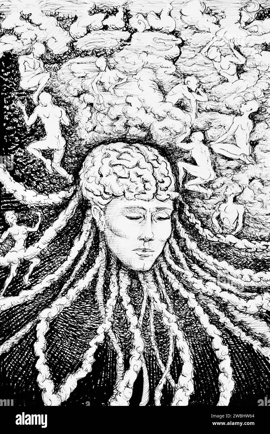 Ink drawing illustration of human brain neural network Stock Photo - Alamy