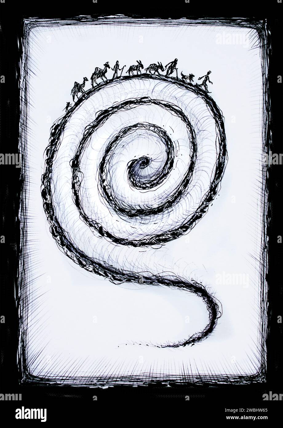 Ink drawing illustration of a caravan trip , nomadism concept Stock ...