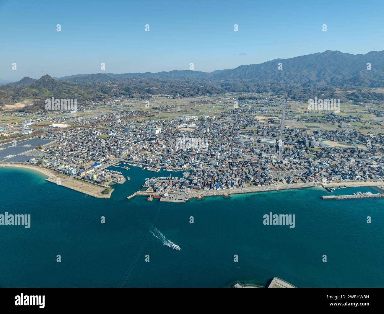 An elevated perspective captures the scenic beauty of Hojo City ...