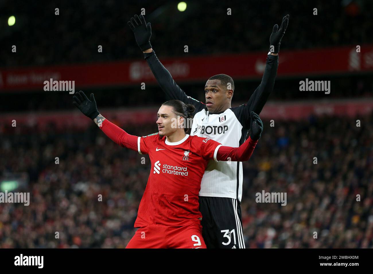 Liverpool, UK. 10th Jan, 2024. Darwin Nunez of Liverpool and Issa Diop ...
