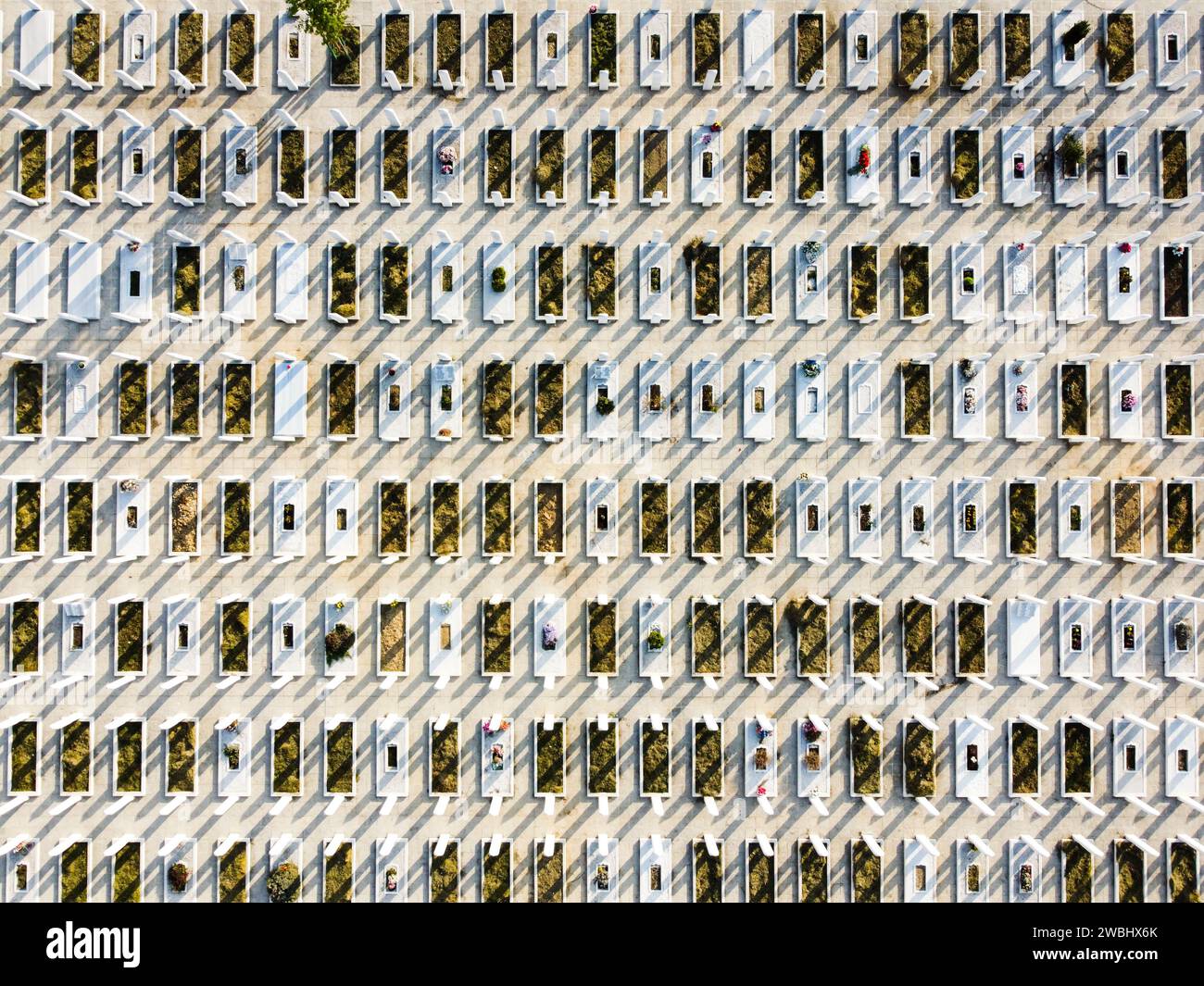 Aerial drone view of graves in cemetery. Graveyard, view from above ...