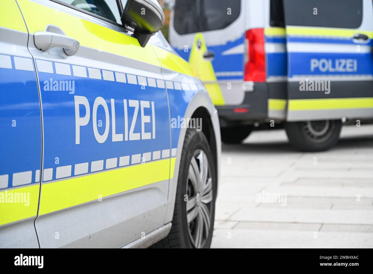 German police car on the street. Side view of a police car with the ...