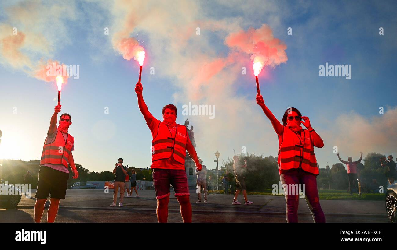 People with fire torch on protest. Protests by trade unionists ...