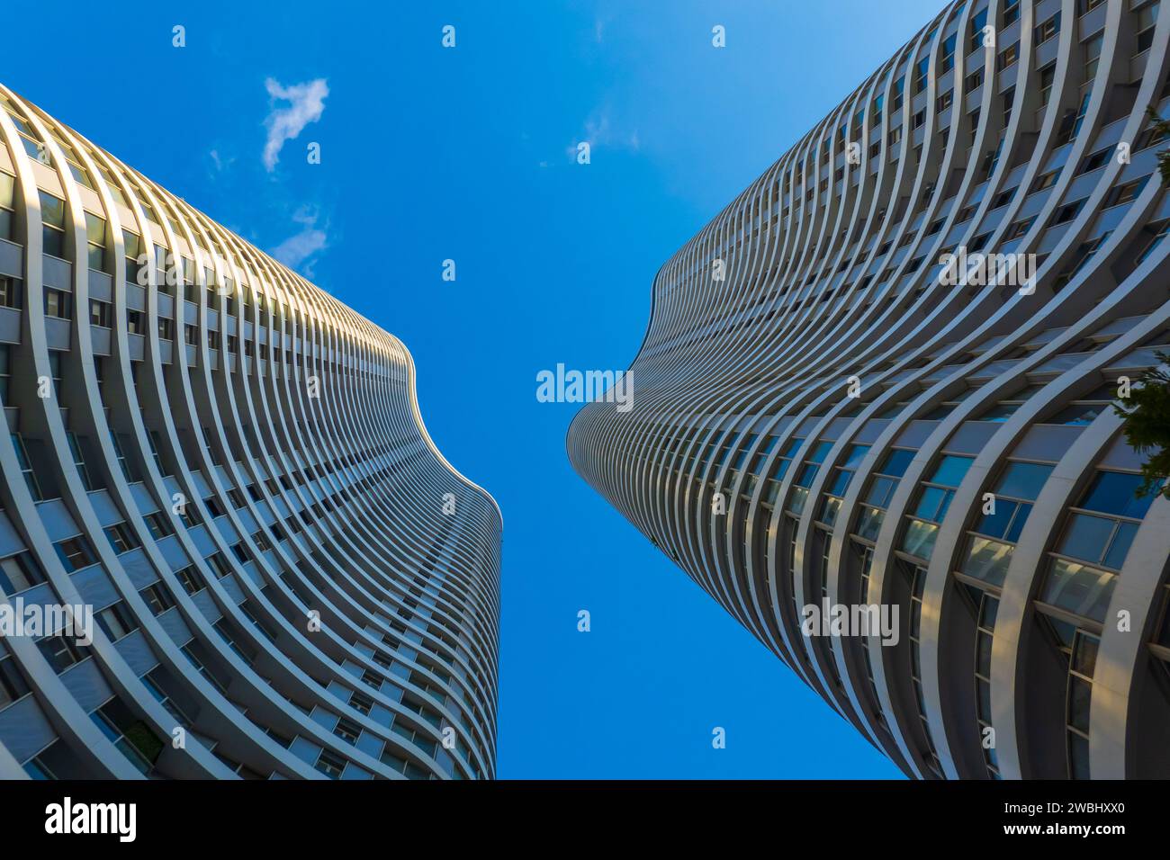 Curvilinear modern skyscrapers soar against a clear blue sky ...