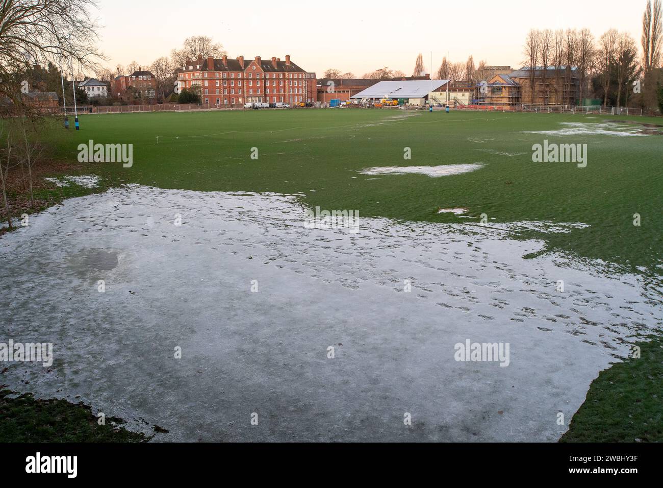 Frozen floodwater at the Eton College playing fields. Famous public ...