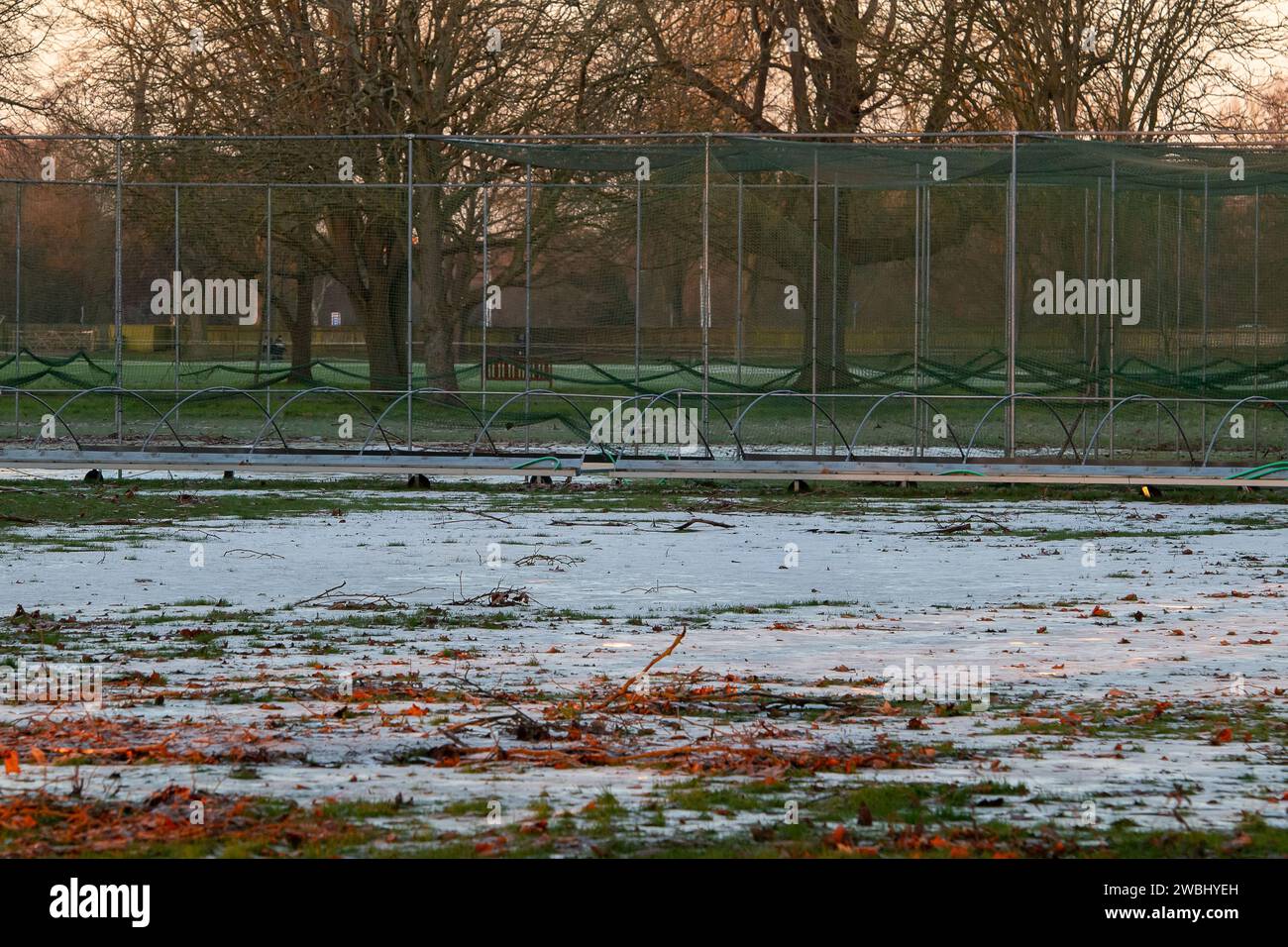 Frozen floodwater at the Eton College cricket grounds. Famous public ...
