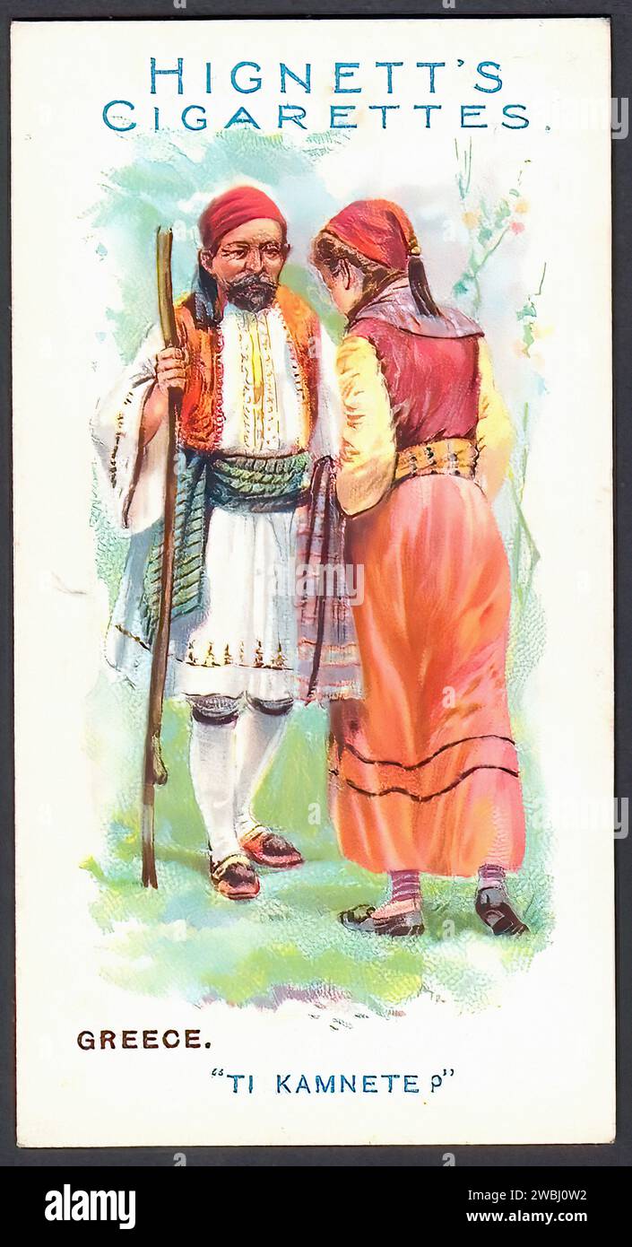 Greetings in Greece - Vintage Cigarette Card Illustration Stock Photo ...