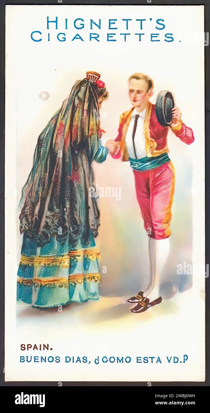 Greetings in Spain - Vintage Cigarette Card Illustration Stock Photo ...