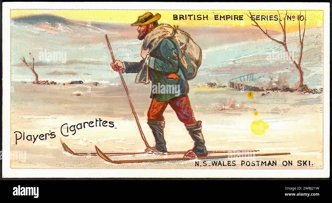 Postman on Ski's - Vintage Cigarette Card Illustration Stock Photo - Alamy