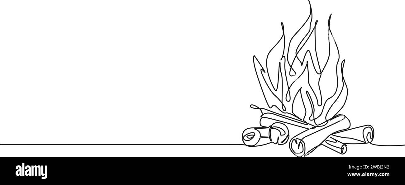 continuous single line drawing of campfire, line art vector ...