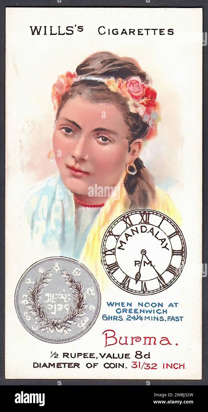 Time & Money in Burma - Vintage Cigarette Card Illustration Stock Photo ...