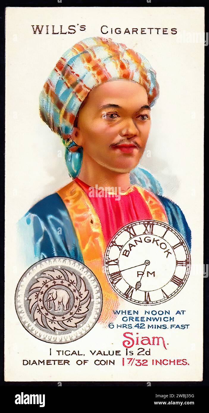 Time & Money in Siam - Vintage Cigarette Card Illustration Stock Photo ...