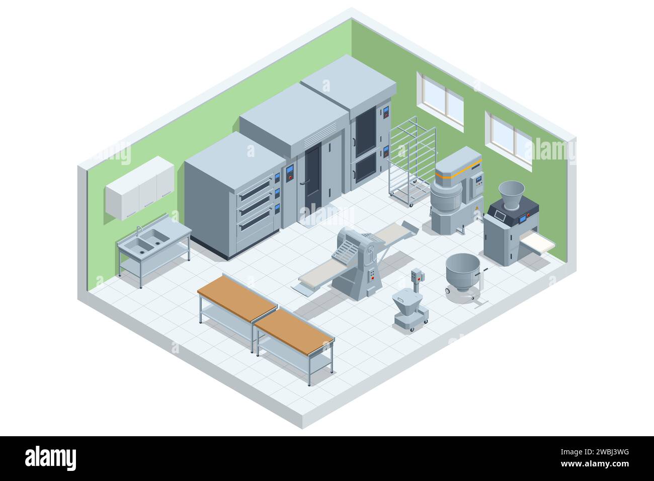Isometric concept of Industrial bread production. Automatic bakery ...
