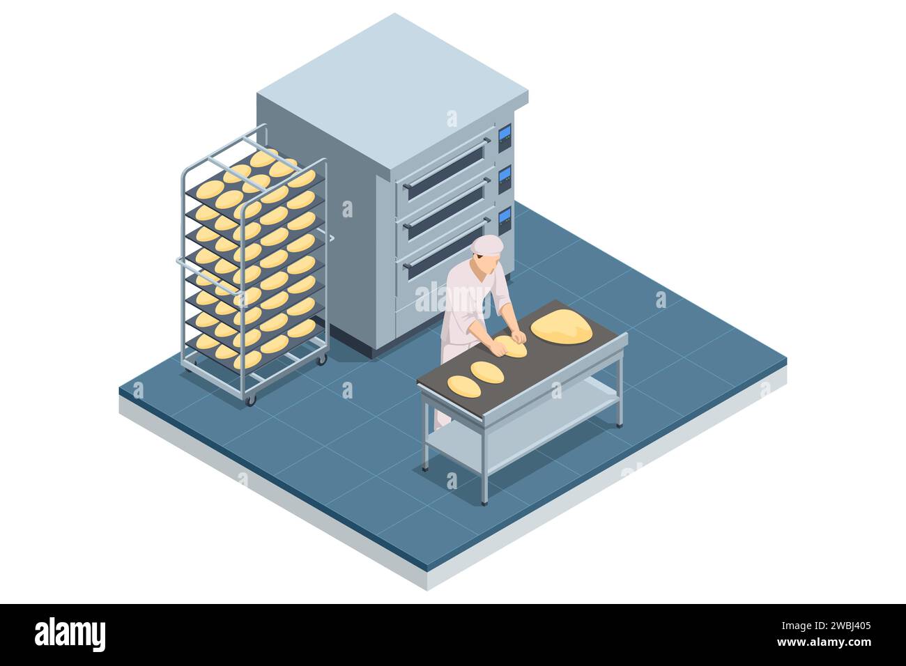 Isometric concept of Industrial bread production. Automatic bakery ...