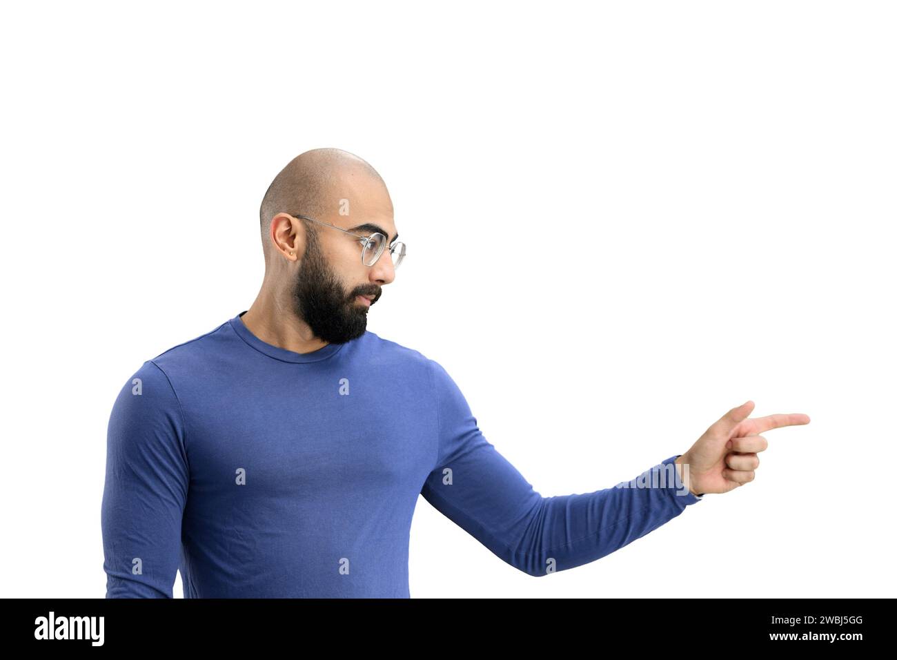 A man, on a white background, in close-up, points to the side Stock ...