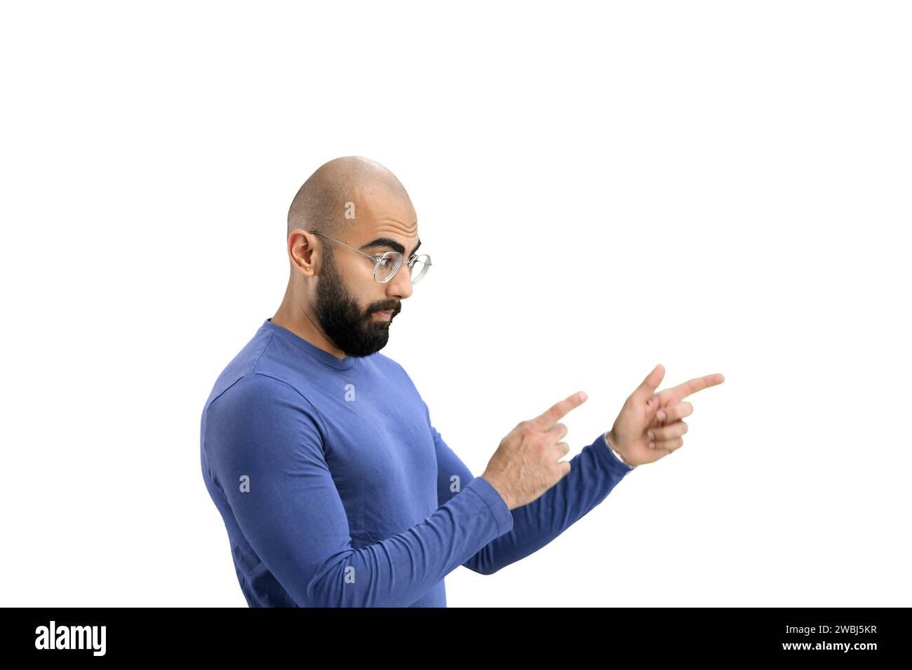 A man, on a white background, in close-up, points to the side Stock ...