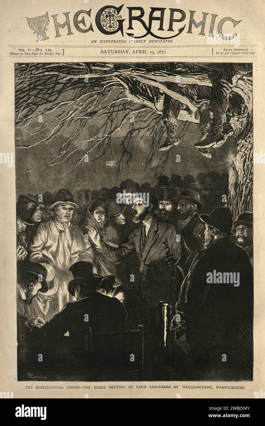 Old newspaper Agricultural strike, Night meeting of farm labourers at ...