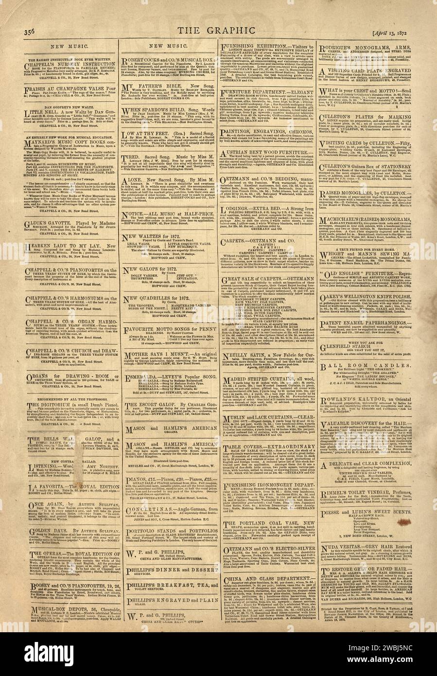 Old Victorian newspaper page, Notices for New Music, April 13 1872 ...