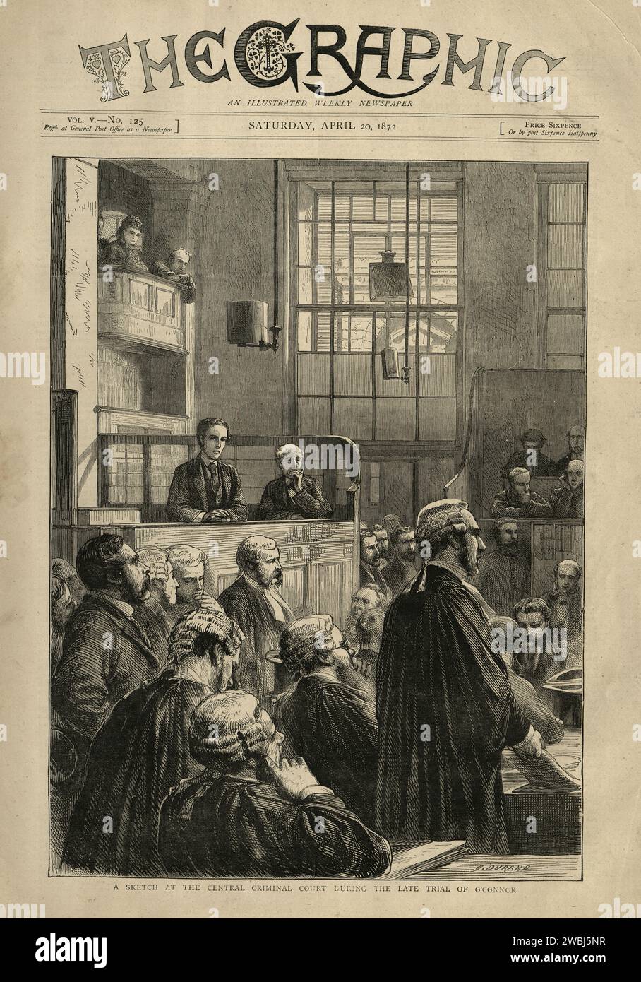 Old Victorian newspaper page, A sketch at the central criminal court ...