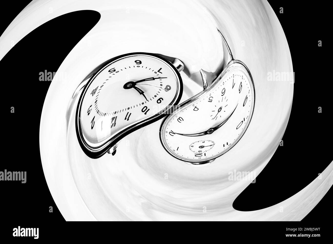 Creative image of melting alarm clocks in retro style. Hard textured ...