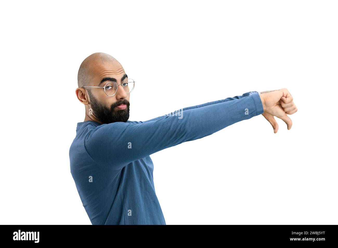 A man, on a white background, in close-up, shows his finger down Stock ...