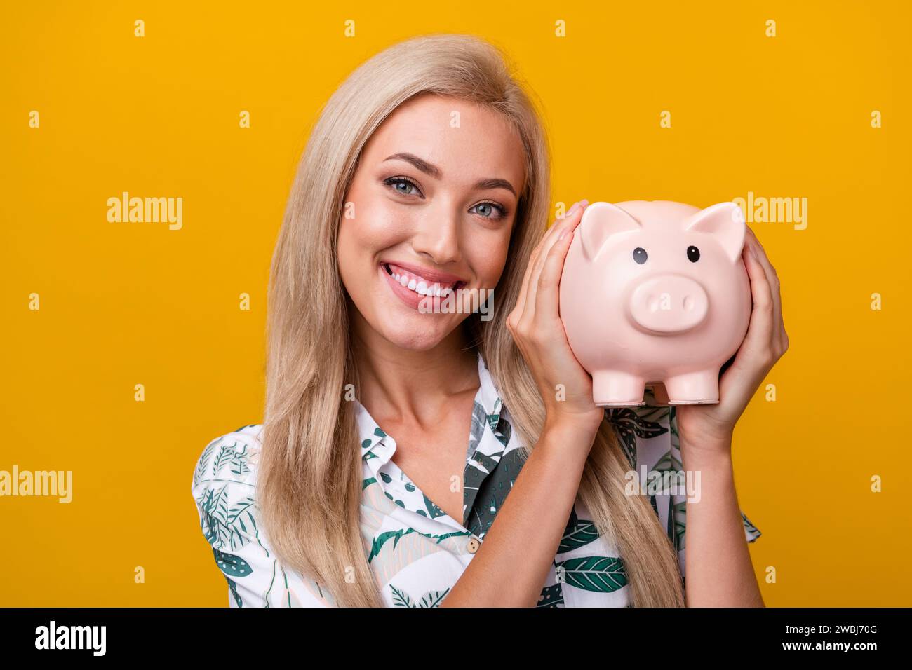 Portrait of toothy beaming woman with perfect skin wear stylish blouse ...