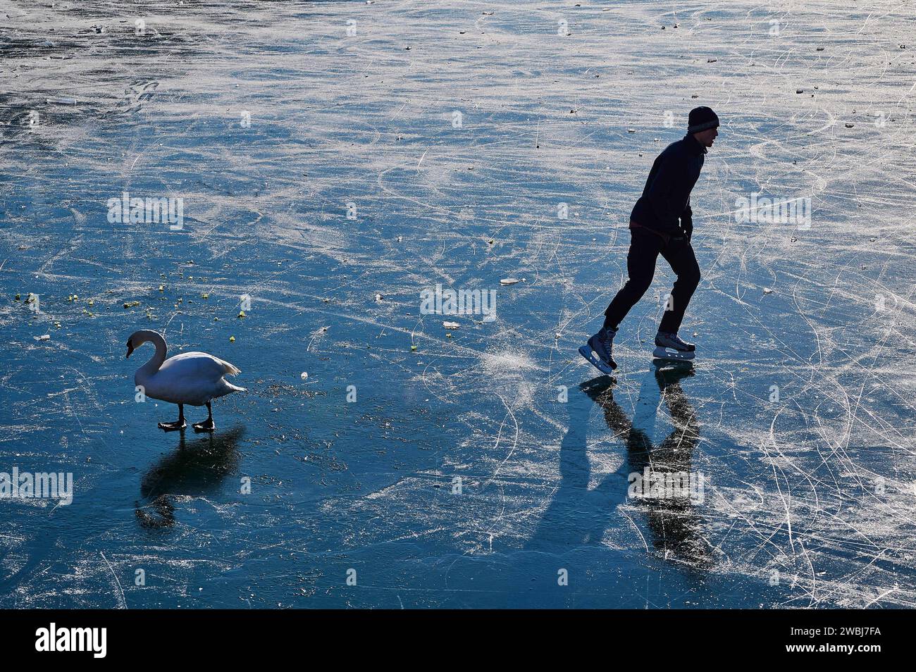 Kaltes Winterwetter in Berlin. Menschen laufen auf dem zugefrorenen ...