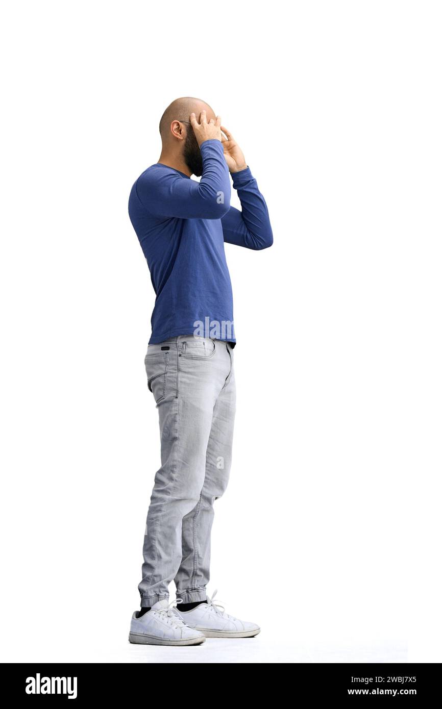 A man, on a white background, full-length, tired Stock Photo - Alamy