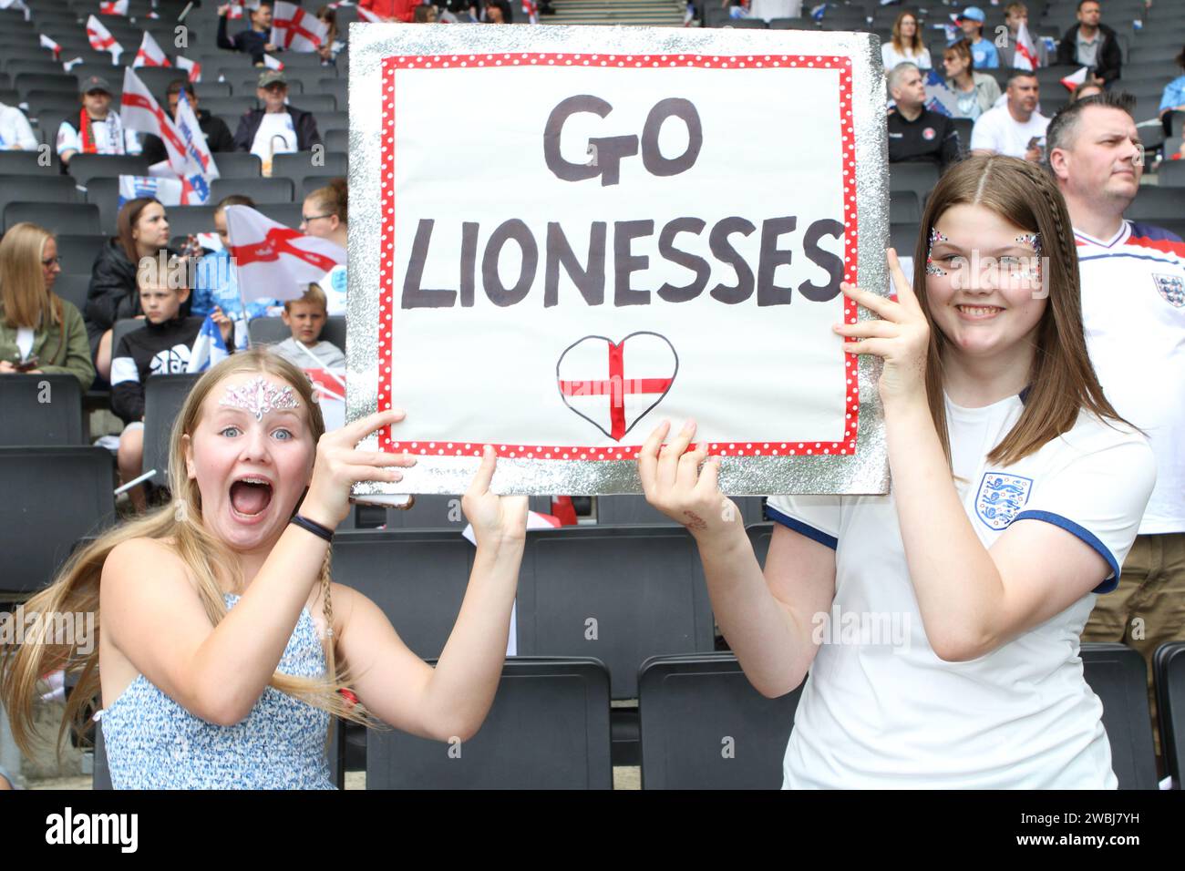 young female fans at England v Portugal, at Stadium MK, Milton Keynes ...